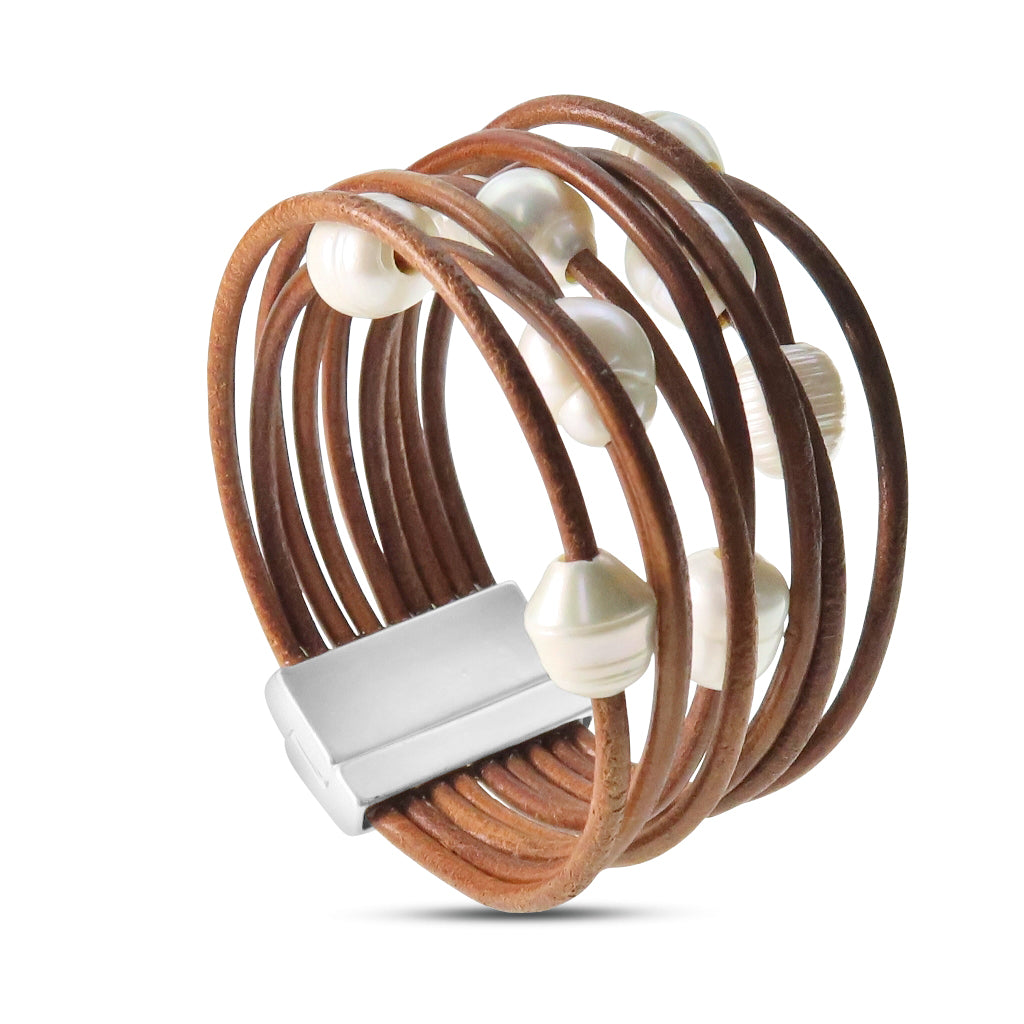 Fresh Water Pearl & Leather Bracelet - Camel Brown – Watermelon Red