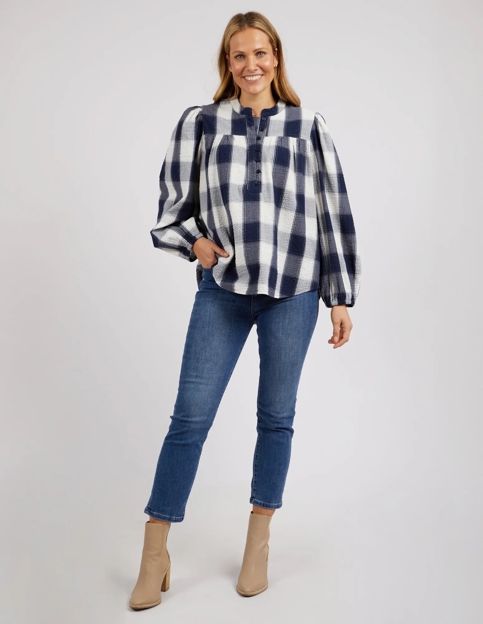 Cedar Check Blouse Navy – Watermelon Red